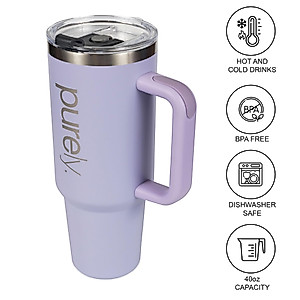 PURELY 40 oz Ceramic Lined Insulated Tumbler with Handle, Leak Resistant 2-way Lid and Straw, Ceramic Lined Travel Mug (Purple, 40oz)