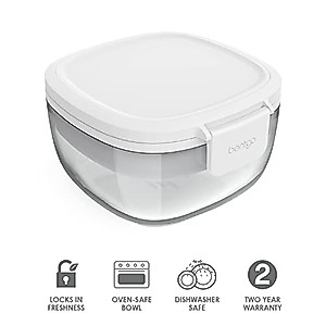 Bentgo® Glass All-in-One Salad Container - Large 61-oz Salad Bowl, 4-Compartment Bento-Style Tray for Toppings, 3-oz Sauce Container for Dressings, and Built-In Reusable Fork (White)