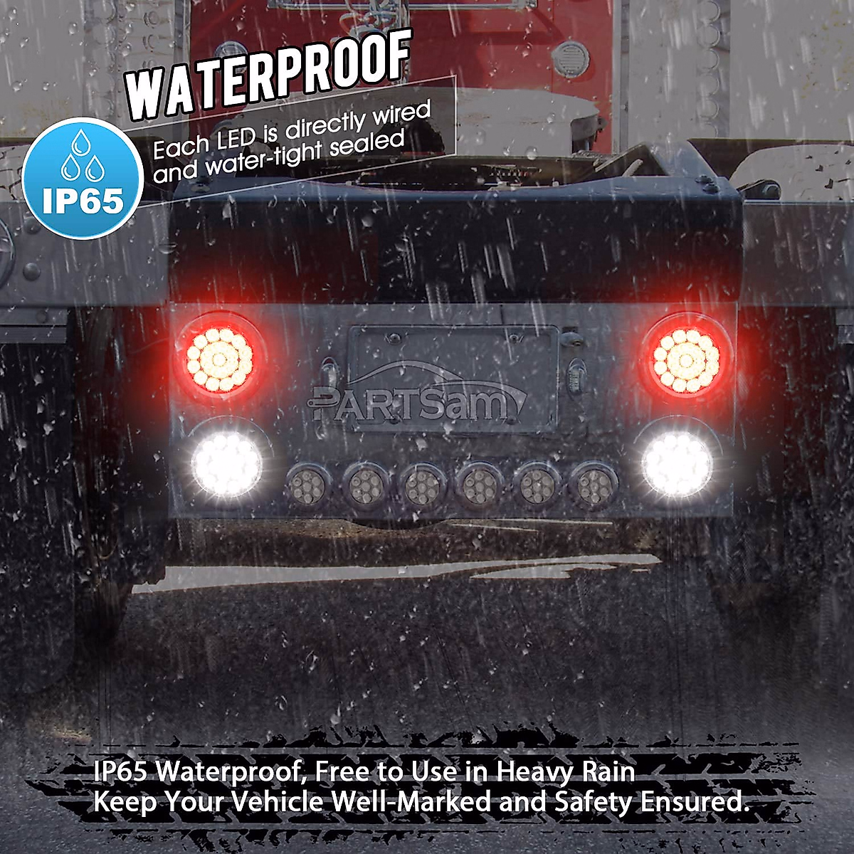 Partsam 2Pcs 4 Inch Round Red Stop Turn Tail Lights and White Backup Lights Kit 19 Diodes w/Rubber Grommets & 3-Prong Wire Pigtails, Red/White Round Led Truck Trailer Tail Lights and Reverse Lights