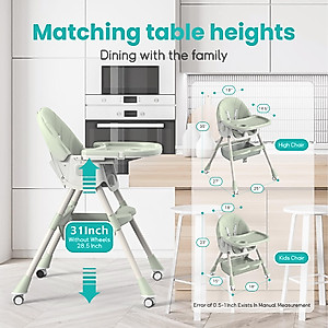 Baby Folding High Chair Convertible Compact with Removable 5-Point Harness for Baby Girl & Boy Ages 6-72 Months Adjustable & Removable Detachable Double Tray Easy to Clean with Wheels