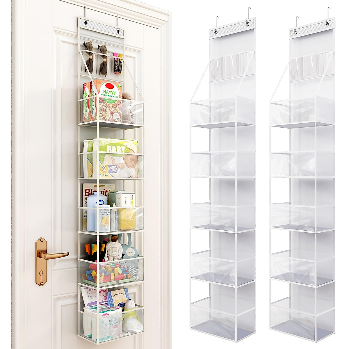 Fixwal 2 Pack 6-Shelf Over Door Hanging Pantry Organizer Hanging Storage with 3 Clear Plastic Pockets Behind The Door Storage Organizer for Closet Bedroom Bathroom (White)