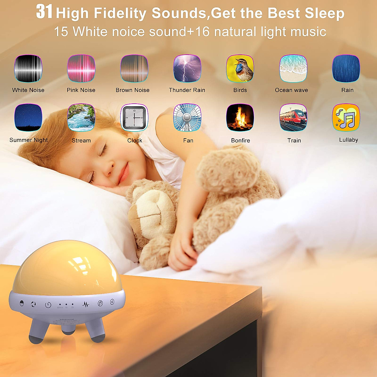 YACHANCE Night Light for Kids White Noise Sound with Color Changing Dimming Function Baby Night Light Rechargable Touch Control 31 Nice Sounds,3 Night Modes,7 Color and 256 RGB,...Purple