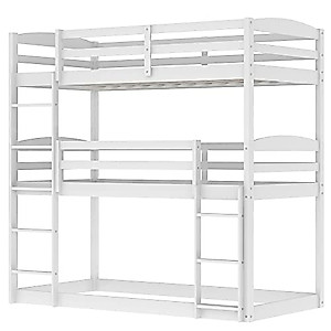 RUNWON Twin Over Twin Triple Bunk Bed with Safety Guardrail and Ladder for Kids Teens, No Box Spring Needed
