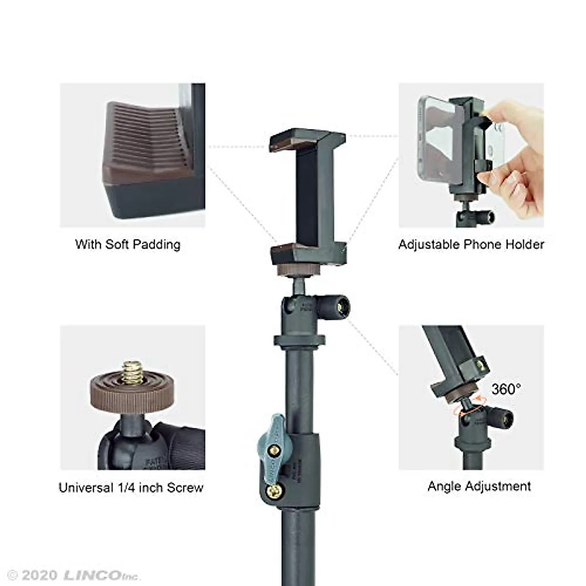 Selfie Stick & Tripod LINCO, Integrated, Portable All-in-One Professional, Heavy Duty, Lightweight, Bluetooth Remote for Apple & Android Devices, Separable Tripod Feet, Extends to 52", Black
