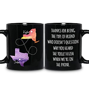 Personalized Long Distance Friendship Gifts Coffee Mug, Customized Best Friend Mugs, Friends Gag Gifts, Sense of Humor, State to State, Long Distance Relationship Gifts Black Coffee Mug