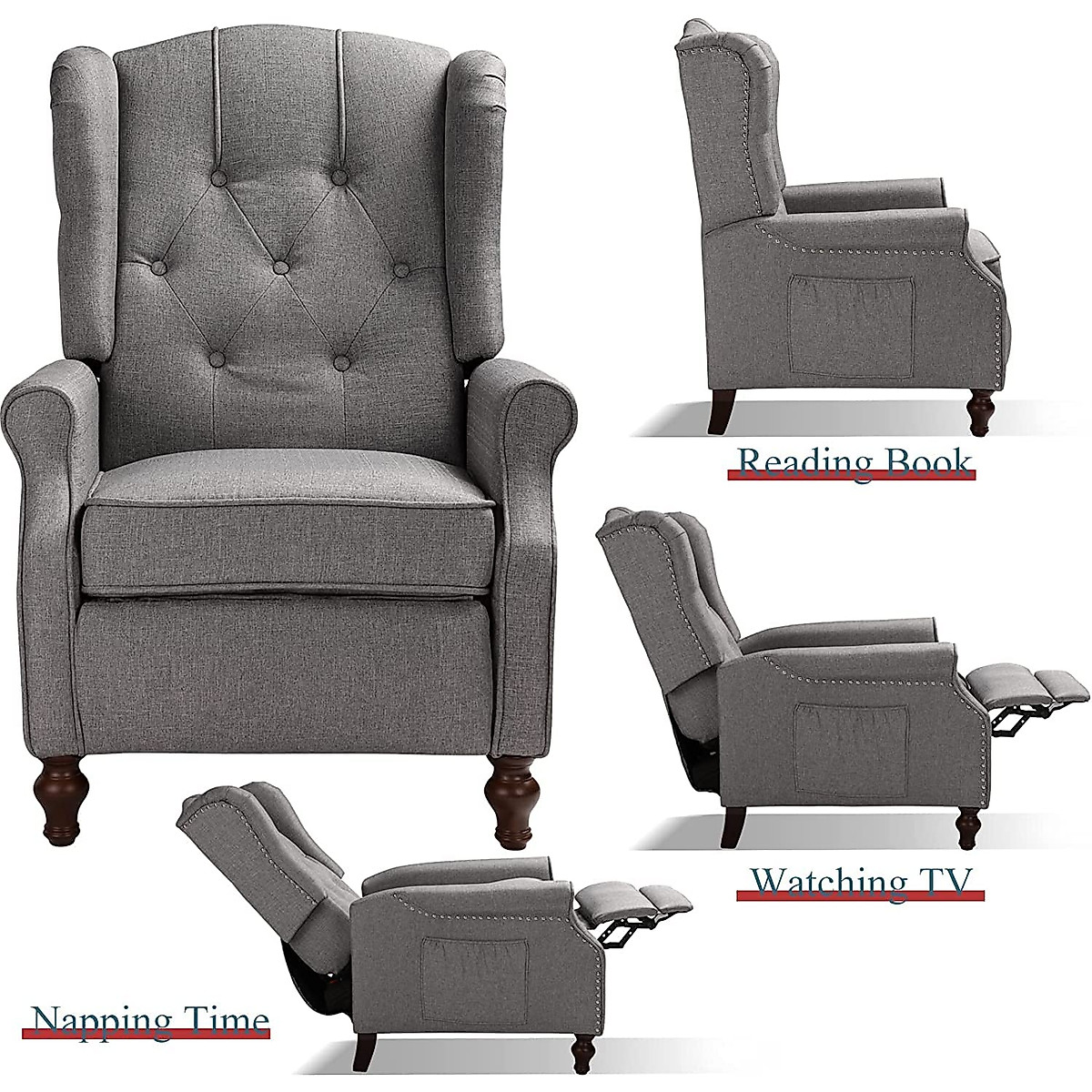 OQQOEE Wingback Recliner Chair Fabric Push Back Accent Chairs Diamond Tufted Reclining Armchair with Adjustable Backrest and Thicken Padded Cushions for Living Room, Bedroom (Fabric, Dark Grey)