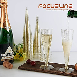 FOCUSLINE 100 Pack Plastic Champagne Flutes, 4.5 Oz Gold Glitter Plastic Champagne Glasses, Disposable Clear Toasting Glasses Recyclable Plastic Champagne Cups for Wedding Party
