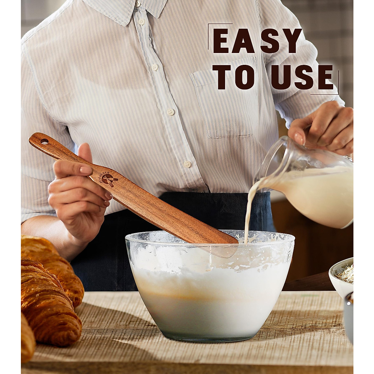 Skinny Spurtle for Sourdough Starter, Mixing, Reaching Bottom of Jar, Dough Whisk, 100% Natural from High Moist Resistance Teak, Spurtles Kitchen Tools Wooden Kitchen Utensils for NonStick Cookware