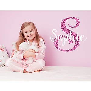 Nursery Pink Sparkle Initial Custom Name Wall Decal Sticker, 23" W by 26" H, Girl Name Wall Decal, Girls Name, Personalized, Name Decor, Girls Nursery, Girls Bedroom, Plus Free White Hello Door Decal