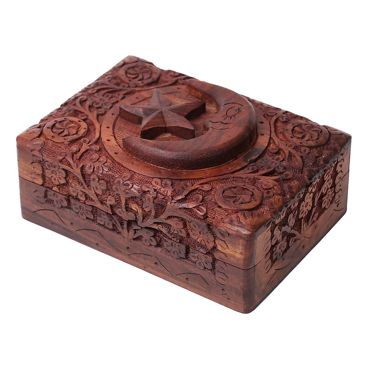 Artisans Of India Wooden Trinket Box 7 x 5 inches Sheesham Wood Jewelry Organizer Keepsake Box Treasure Chest Trinket Holder Watch Box Storage Box Beautifully Carved in Moon Theme