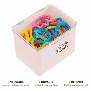 mDesign Plastic Stackable Storage Organizer Toy Box with Lid for Action Figures, Crayons, Markers, Building Blocks, Puzzles, Craft or School Supplies - Pack of 4, Includes 32 Labels - Light Pink/Clear