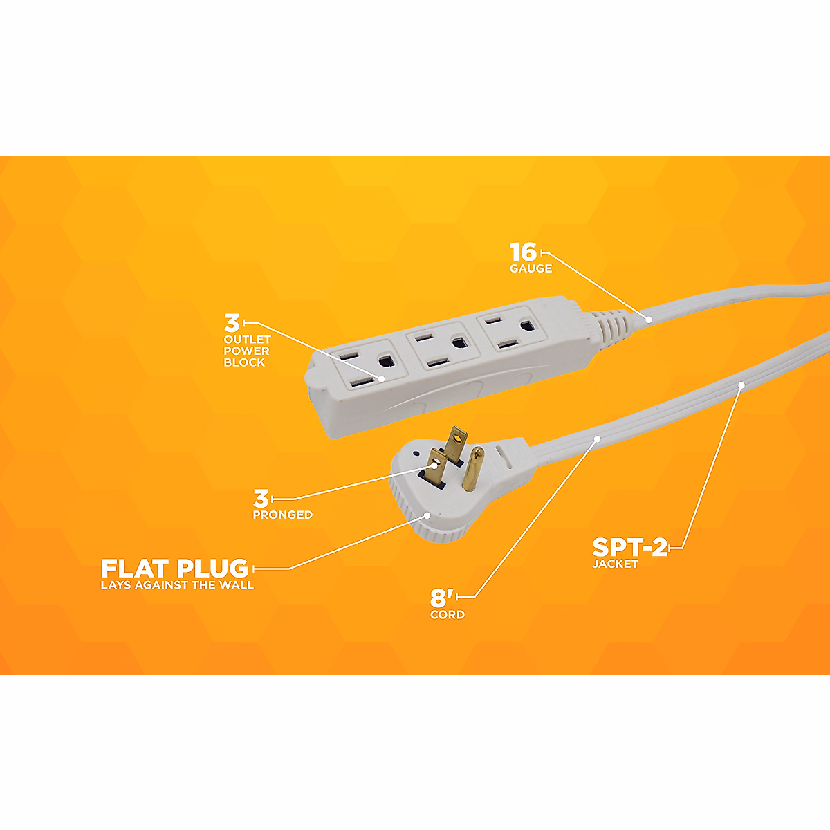 Woods SlimLine 2241 16/3 Flat Plug Indoor Extension Cord, 8-Foot, 3 Outlets, Right Angled Plug, Space Saving Design, UL Listed