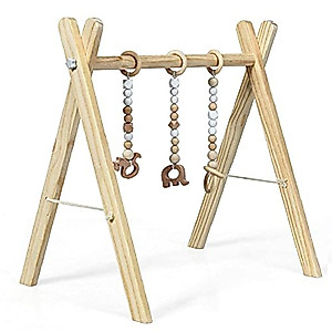 BABY JOY Portable Wooden Baby Gym, Foldable Baby Play Gym Frame with 3 Wooden Baby Teething Toys, Baby Exercise Activity Gym Hanging Bar Newborn Baby Gift (Natural)