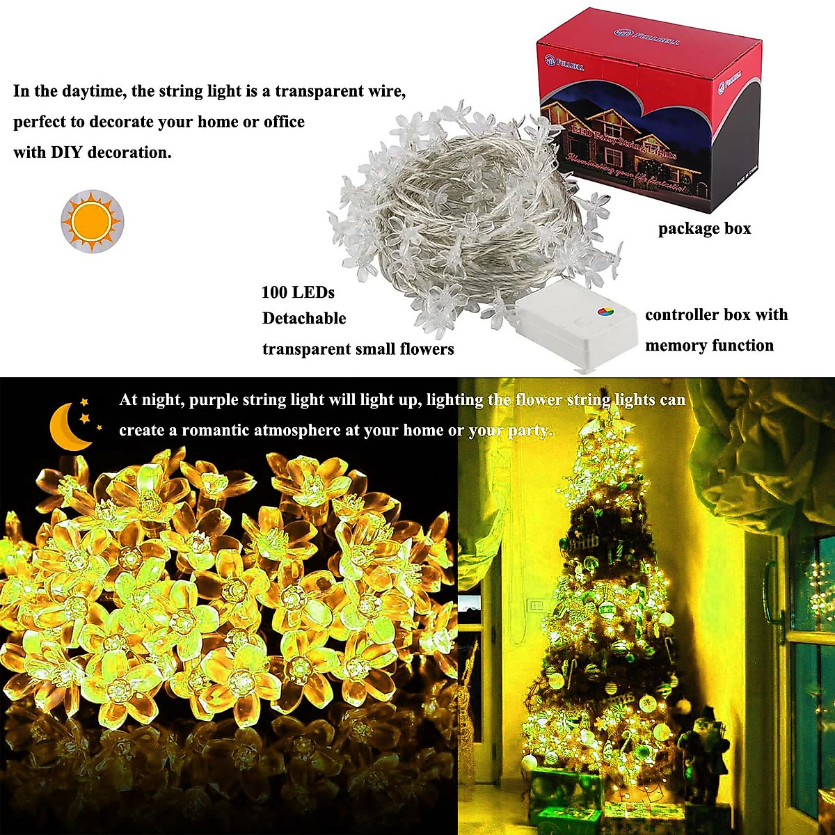 FULLBELL Fairy Lights Christmas Decorations Flower String Lights Home Decor 33 Feets 100 LED Memory Indoor Outdoor String Lights Fairy Lights Fairy Lights for Bedroom(Warm White)