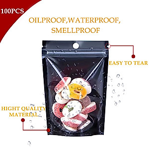 100 Pack Mylar Bags Smell Proof Bags, Resealable Stand Up Food Storage Bags Packaging Foil Pouch Bags with Clear Front Window for Cookies, Snack, Jewelry (6.3x9.4+3.15inch)