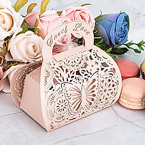 25PCS Pink Laser Cut Favor Boxes, Small Butterfly Wedding Boxes with Handle, Party Favor Boxes Small Gift Boxes Candy Boxes for Birthday Parties, Baby Shower, Bridal Showers, Anniversary (3.5"x2"x3")