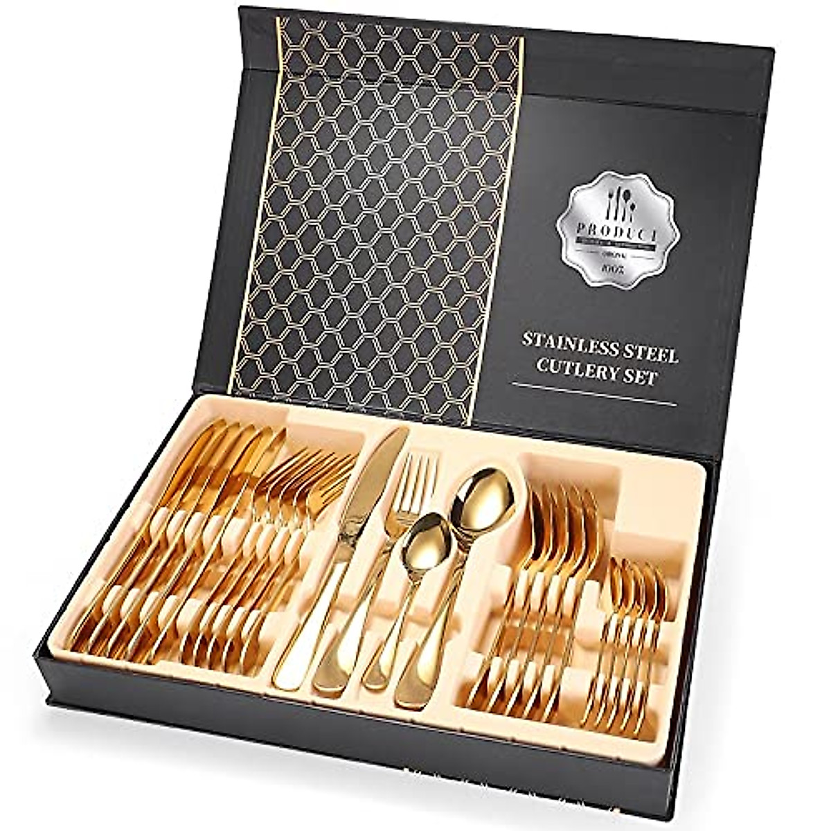 24Pcs/set Gold Cutlery Specular Light Steak Knife Fork Coffee Spoon Stainless Steel Teaspoon Upscale Home Restaurant Cutlery Set (Color : Silver)
