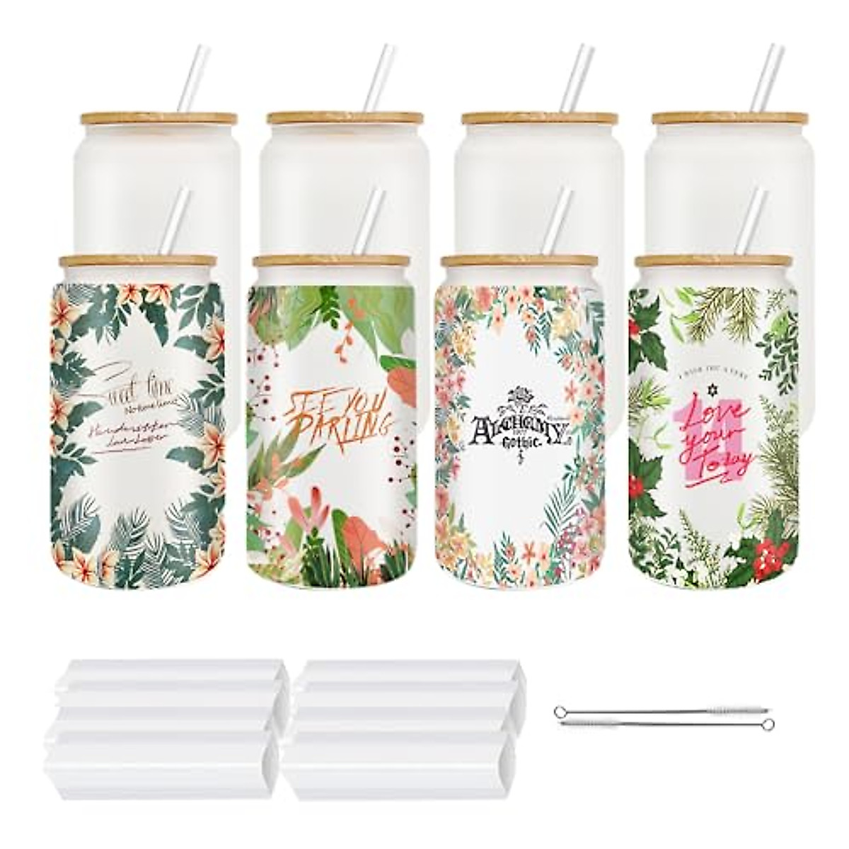 Kocdam 8 pack Sublimation Glass Cups with Bamboo Lid, 16oz Frosted Glass Cups with Lids and Straws, Sublimation Glass Blanks, Borosilicate Glasses for Beer, Juice, Soda, Iced Coffee, Drinks