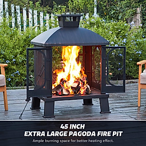 PAPABABE 45" Fire Pit Pagoda, Wood Burning Chimney Firepit with Grill Grate Outside for Garden Backyard BBQ Bonfire