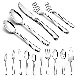 Herogo Heavy Duty Silverware Set with Serving Utensils, 45-Piece Stainless Steel Heavy Weight Modern Flatware Set for 8, Fancy Cutlery for Home Wedding, Dishwasher Safe, Mirror Finished
