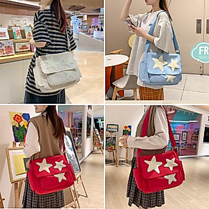 Glittery Star Pattern Y2K Messenger Bag, Stylish Spacious Aesthetic Tote for Travel, Work, and Shopping, Canvas Star Crossbody Hobo Bag (Black)