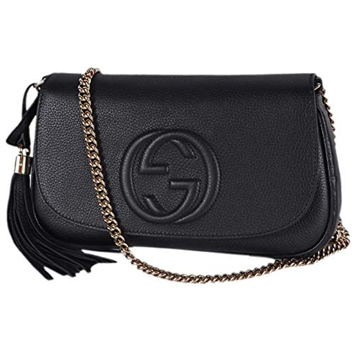 Gucci Soho Leather Flap Shoulder Bag Black Gold Tassel New Authentic