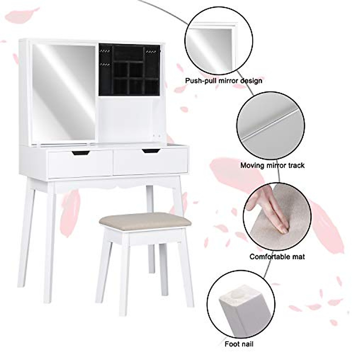 LYNSLIM Vanity Desk, Makeup Vanity with Mirror & LED Lights，Makeup Vanity Table with 2 Drawers & 4 Storage，Small Vanity Set Storage Stool for Dressing Bedroom (White, Extra)