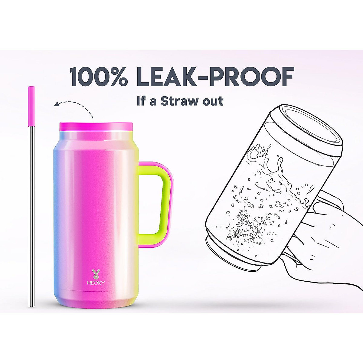 Meoky 50 oz Tumbler with Handle and Straw, Stainless Steel Vacuum Insulated Tumbler with Lid and Straw, Keeps Cold for 36 Hours, 100% Leak-proof, BPA-Free, Non-slip Base (Rainbow)