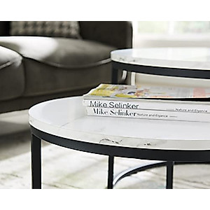 Modern Nesting Coffee Table Set of 2 for Living Room, Office, Balcony, Mid Century Round Wood Accent Coffee MDF Faux Marble Tabletop w/Black Color Frame, Gift for Thanksgiving Christmas -White