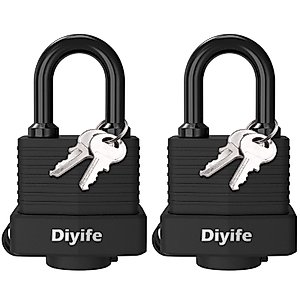 Padlock with Key, [2 Pack] [4 Keys] Diyife Padlock Waterproof Lock Key Padlocks 40mm Heavy Duty Padlocks Anticut, Oustside Laminated Steel for Gym Locker, Garage, Fence, Shed, Yard,Outdoor & Indoor