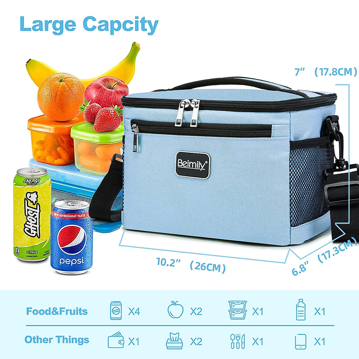 BEIMILY Insulated Lunch Bag 2 Pack Box for Women/Men,Small Soft Sided Cooler Hand bags,Leakproof Reusable Lunchbox,lunch box work with Adjustable Shoulder Strap (blue+Sky blue),2305AC