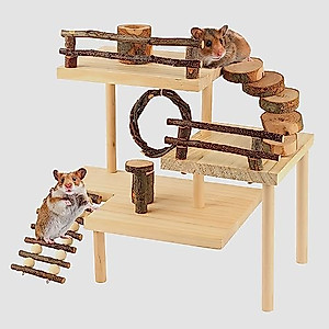 HOSUKKO Hamster Climbing Toys 3-Tier Extra Large Hamster Playground Natural Wooden Small Animal Platform Toys Hamster Exercise Activity Climbing Platform with Bridge for Gift