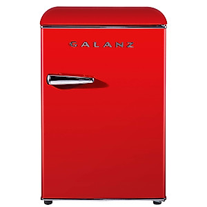 Galanz GLR25MRDR10 Retro Compact Refrigerator, Mini Fridge with Single Doors, Adjustable Mechanical Thermostat with Chiller, Red, 2.5 Cu Ft & GLCMKZ07RDR07 Retro Countertop Microwave Oven