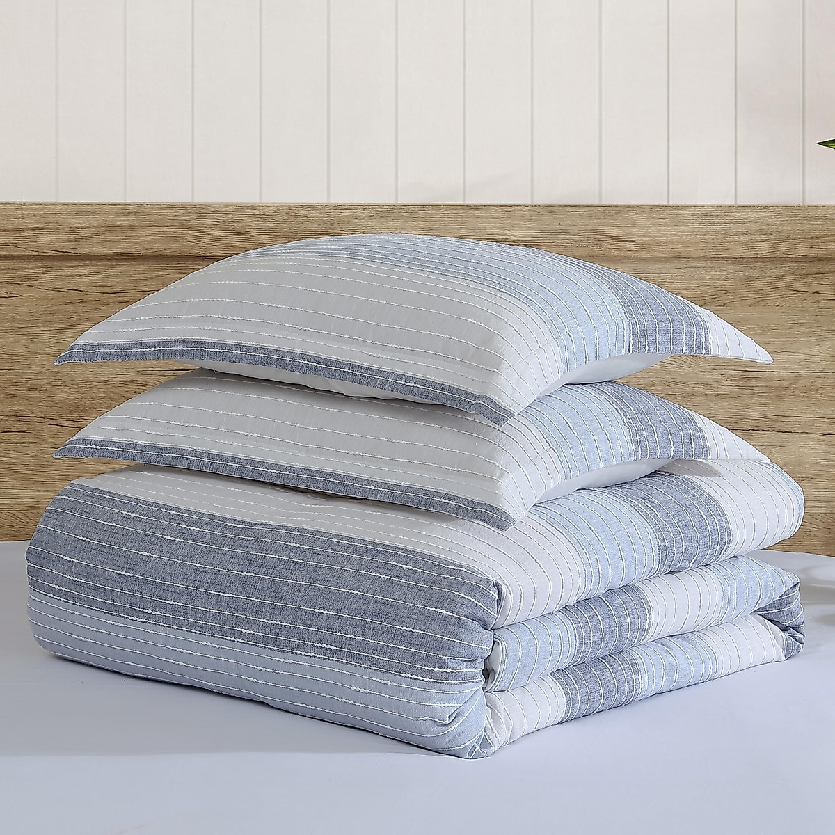 Levtex Home - Sand Stripes Blue Duvet Cover Set - King Duvet Cover (106 x 94in.) + Two King Pillow Shams (36 x 20in.) - Jaquard Stripe - Grey, Chambray, Blue, White - Cotton