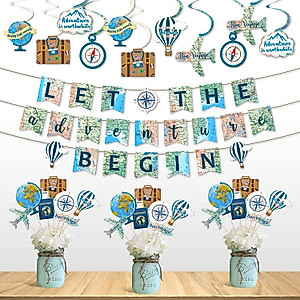 52 PCS Travel Themed Party Decorations Set Let the Adventure Begin Banner Centerpieces Sticks Hanging Swirls for Bon Voyage Retirement Farewell Party World Awaits Birthday Baby Shower Decor Supplie