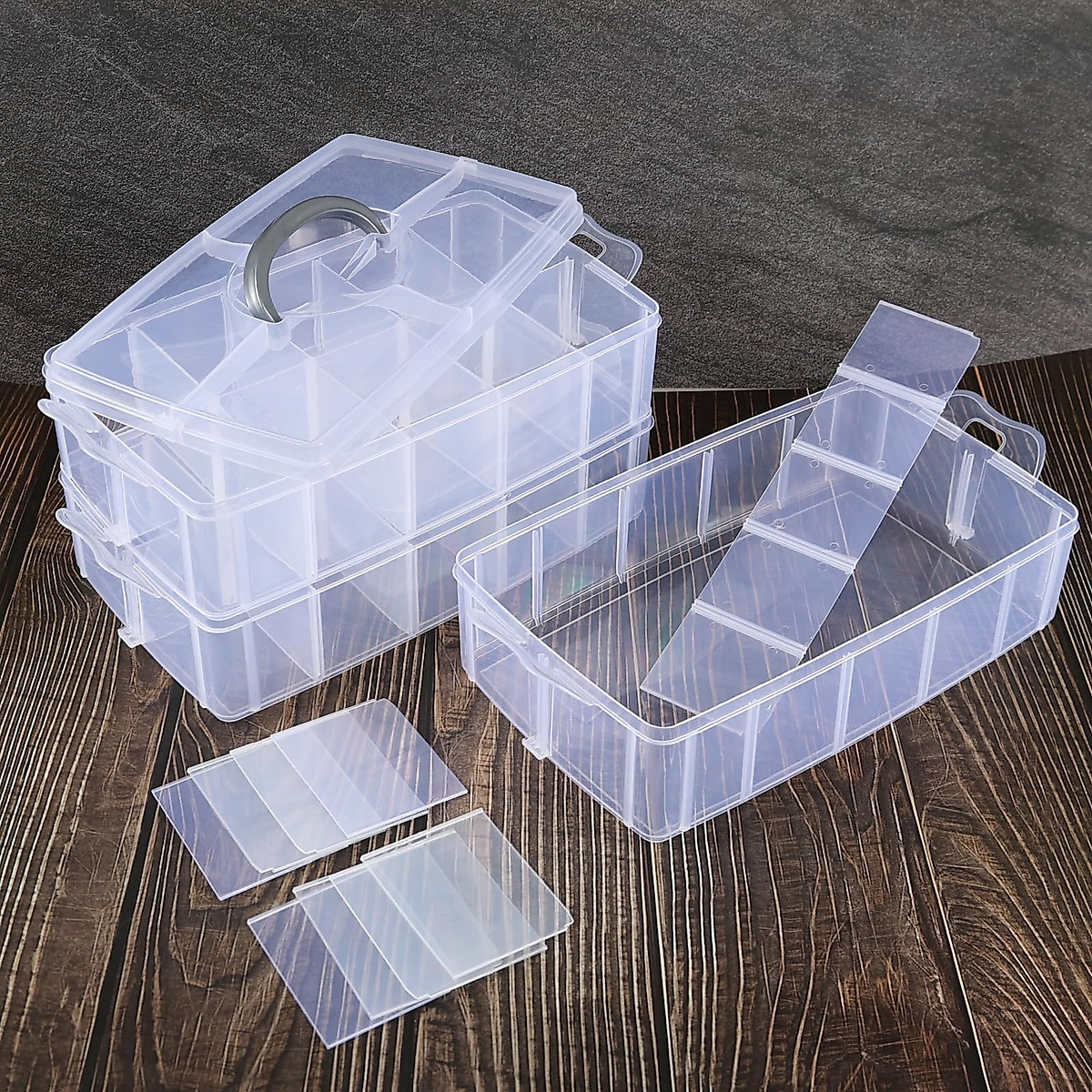 Taysisiter Plastic Stackable Storage Container Box with 30 Adjustable Compartments, 3 Tiers Clear Stackable Craft Organizers with Dividers and Handle for Arts and Crafts, Toy, Fuse Beads, Washi Tapes