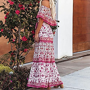 Beach Wedding Guest Dresses for Women Bohemian Maxi Long Dresses Trendy 2023 Elegant Off Shoulder Dress Summer Floral Print Flowy Ruffle Sundress Girls