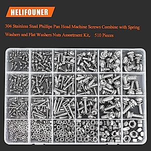 HELIFOUNER 510 Pieces Phillips Pan Head Machine Screws Nuts Washers Assortment Kit, Stainless Steel 304, Full Thread (M2 M2.5 M3 M4 M5 M6)