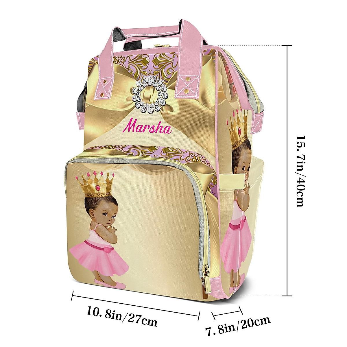 XIUCOO Custom Pink Gold Baby Girl Diaper Bag Backpack with Name Personalized Nappy Shoulders Bag Women Men Gifts 10.83 x 6.69 x15 inch (LxWxH)