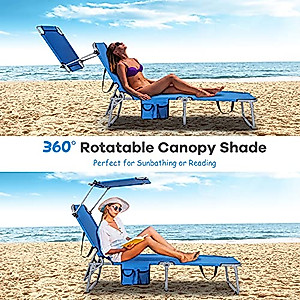 GYMAX Beach Chair with Canopy Shade, Folding Tanning Lounge with Adjustable Backrest, Carry Handle & Side Pocket, Sunbathing Chair for Outside, Patio, Poolside, Lawn (1, Navy)