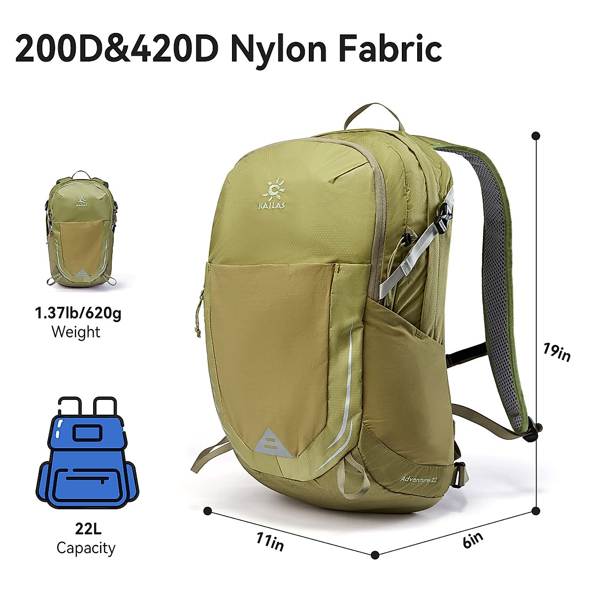 KAILAS Hiking Backpack 22L Daypack Lightweight Day Pack Camping Bag for Men Women Outdoor Small Travel Dark Green