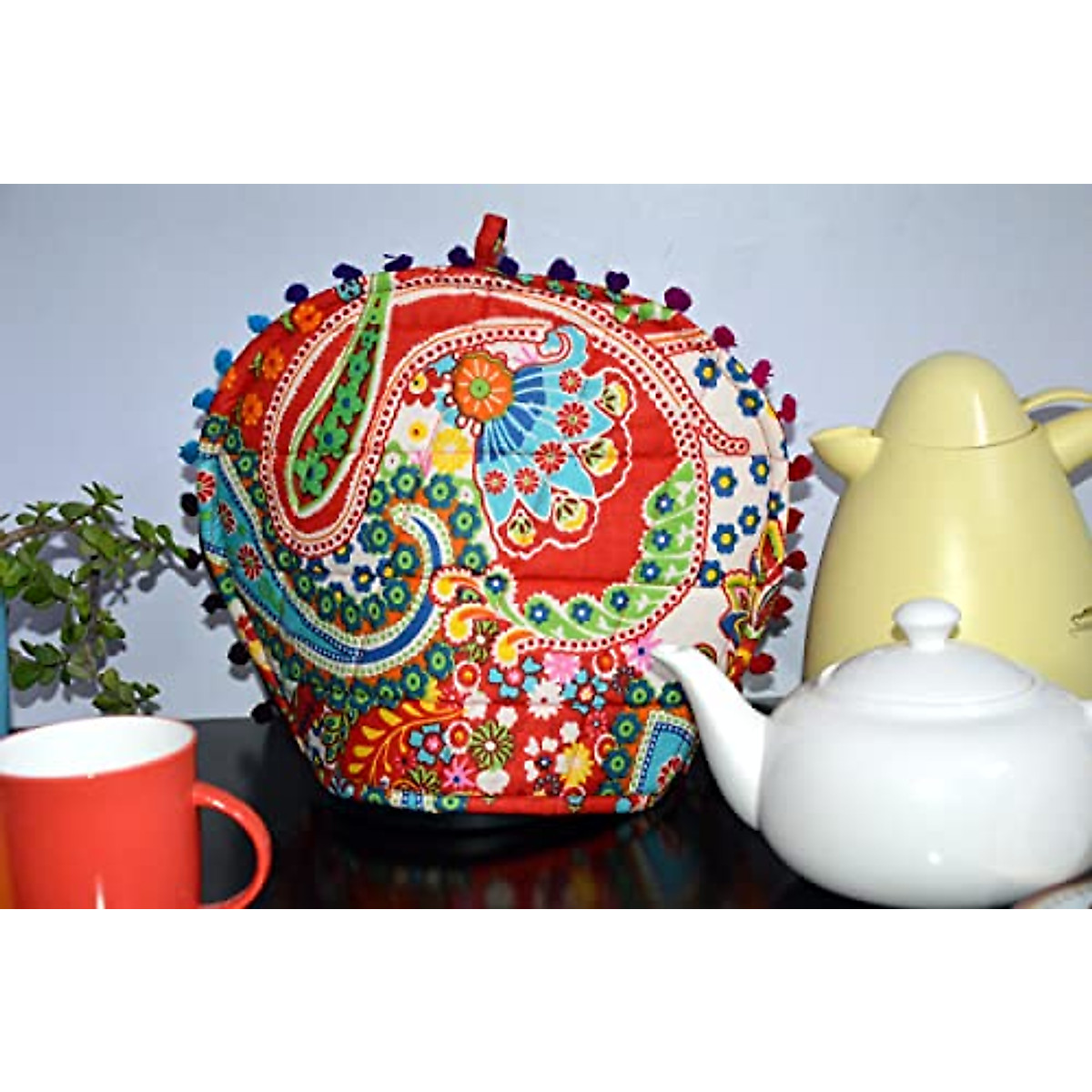 Marusthali Tea Cosy kitchen accessories Cotton kettle cover Tea Cozy Teapot cover Printed Decorative Tea Cosy (Red paisley printed)