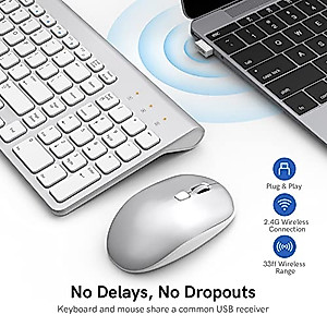 Wireless Keyboard and Mouse Combo with 7 Colored Backlits, Wrist Rest, Rechargeable Ergonomic Keyboard with Phone Holder, Silent Lighted Full Size Combo for Window, Mac, PC, Laptop (Silver and White)