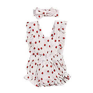 ClickMeForMoreProducts Newborn Baby Girl Strawberry Romper Ruffle Sleeve Bubble Romper Bodysuit with Headband Infant Summer Clothes (12-18months,red strawberry)