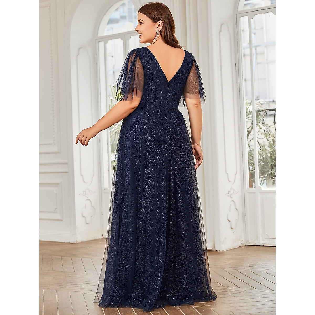 Ever-Pretty Plus Women's A Line illsuion Tulle Floor-Length Plus Size Dance Party Dress Navy US24
