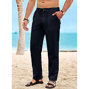 JMIERR Mens Casual Linen Pants Loose Fit Straight Legs Lightweight Elastic Waist Drawstring Trousers Summer Beach Yoga Pant Baggy US 34(M) Blue