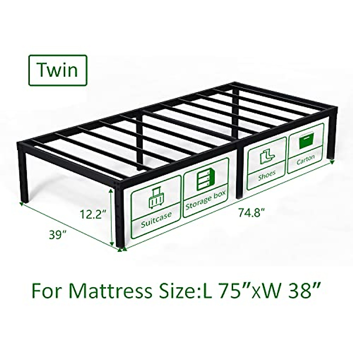Rottnen Twin Metal Platform Bed Frame, Heavy Duty Steel Slat/Easy Assembly/No Box Spring Needed，14 Inches High Bed Frame with Ample Storage, Sturdy and Noise-Free, Black