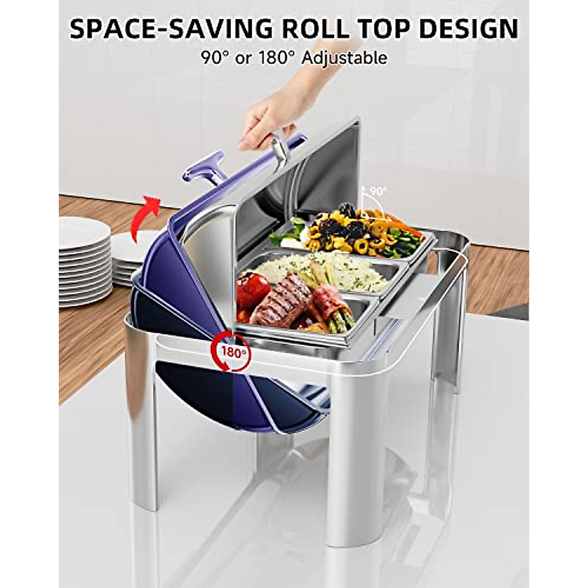 Halamine Roll Top Chafing Dish Buffet Set, 9 Qt Stainless Steel Catering Chafer Server with 3 1/3 Size Pans Rectangle Catering Warmer Server for Wedding, Parties, Banquet, Catering Events, Graduation