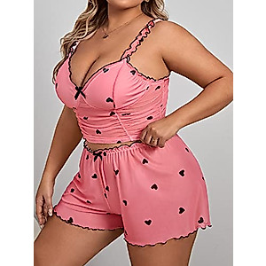 WDIRARA Women's Plus Size Sleepwear Heart Print Ruched Lettuce Trim Cami Top and Shorts Pajama Set Watermelon Pink 3XL
