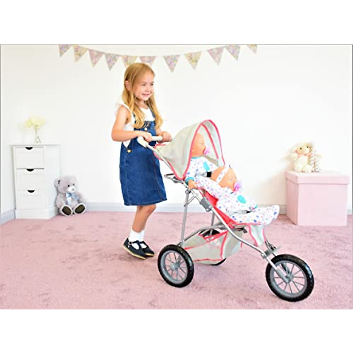 KOOKAMUNGA KIDS Baby Doll Stroller Deluxe Double | Foldable Twin Jog Pram | Retractable Canopy | Premium Pink & Gray Fabric | Soft Grip Handle | Storage Basket Underneath